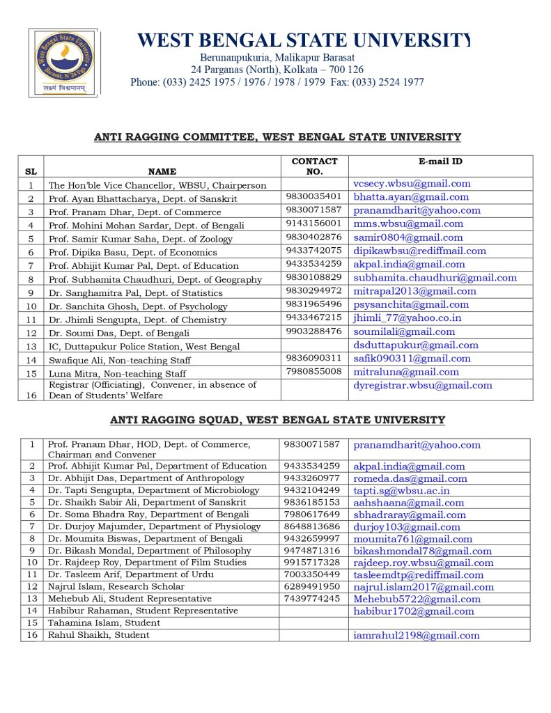 Anti-Ragging Committee Board – WBSU