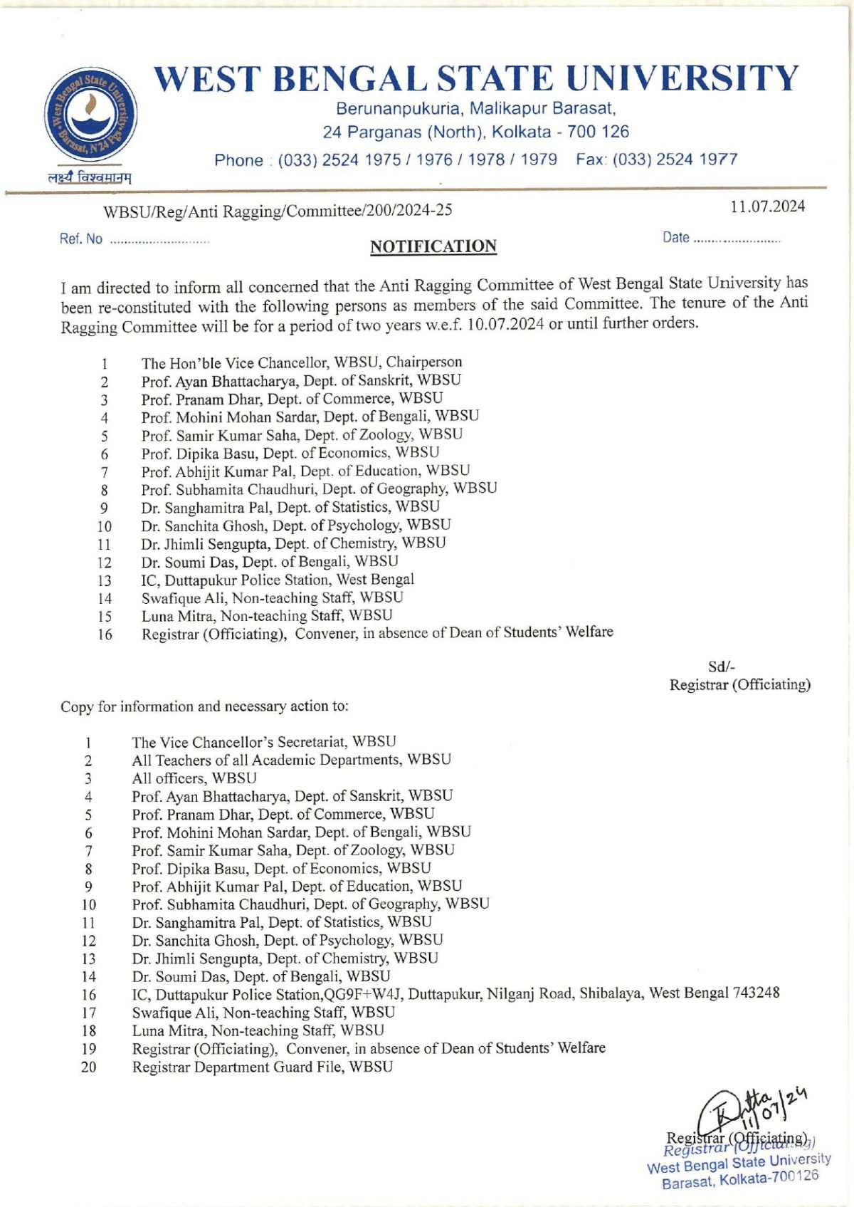 Anti-Ragging Committee Board – WBSU